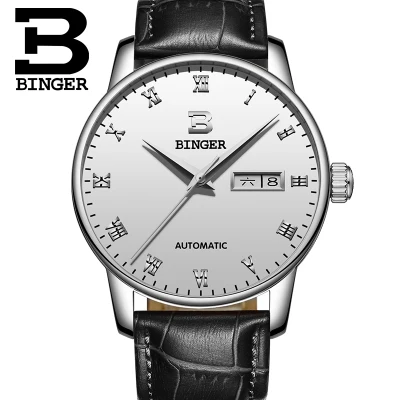 Binger 비즈니스 일본 자동 가죽 손목 시계 남성 드레스 자동 날짜 일 달력 시계 패션 블랙 가죽 시계 시계|watch ...