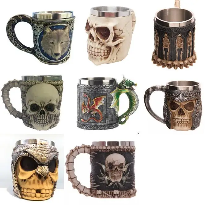 3D Skull Cup Resin Double Layer Stainless Steel Mug Skeleton Bone Ghost ...
