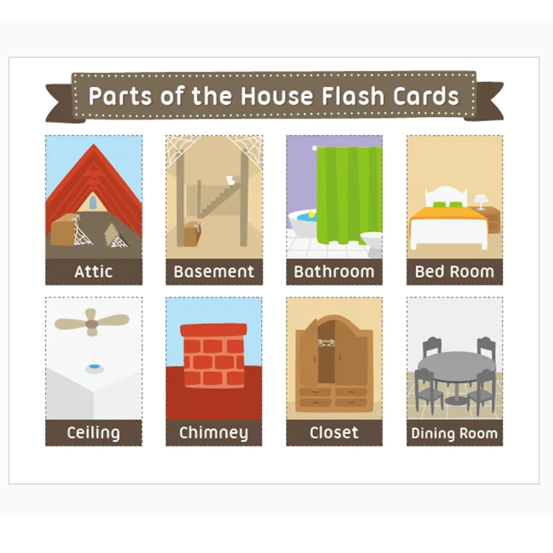 3Pcs/Set House English Flash Cards Early Education Kids Montessori Word ...