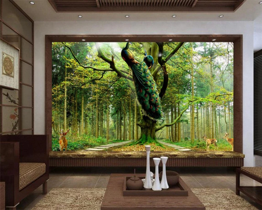 Beibehang Kustom Besar 3D Wallpaper Merak Pohon Rusa Foto Mural ...
