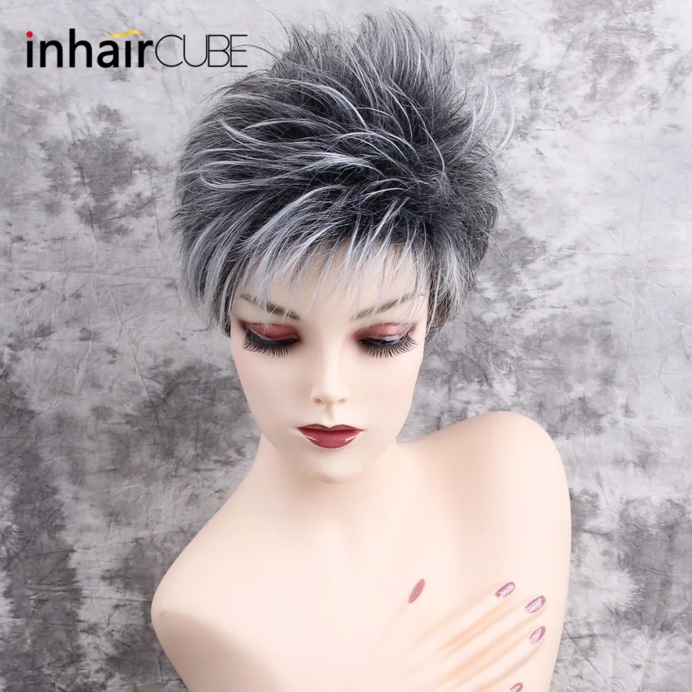 ESIN Synthetic 6 Inch Pixie Cut Short Hair Wig Dark Root Ombre Grey ...