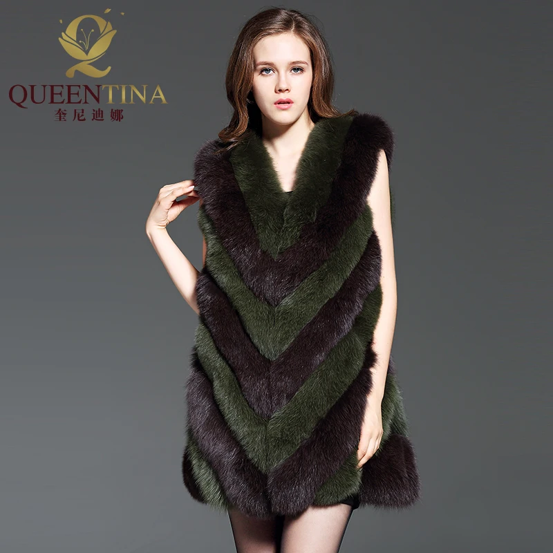 Frauen Natürliche Echt Fox Pelz Weste Herbst Winter Dame Patchwork Streifen Gilet Ärmellose ...
