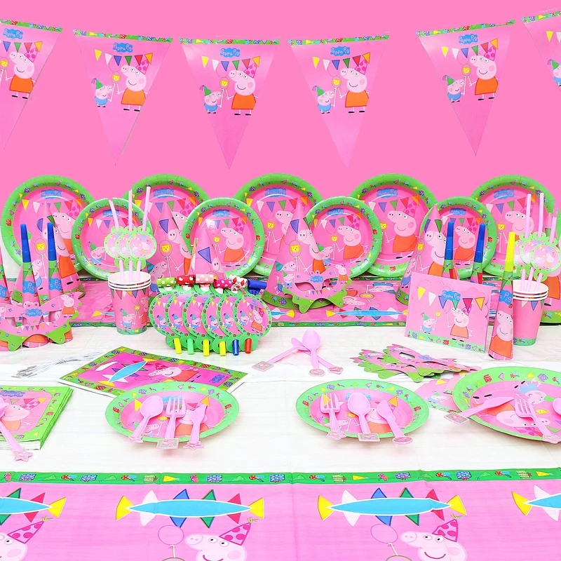 232 개몫 어린이 생일 파티 용품 핑크 페페 돼지 정장 파티 장식 종이 컵 케이크 플레이트 생일 파티 테마 설정