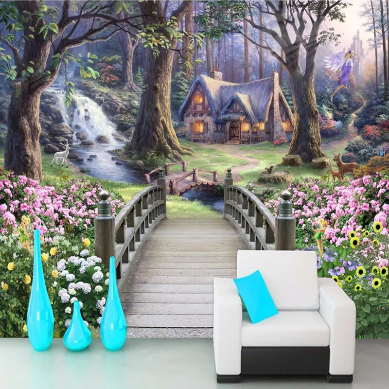 Bacazธรรมชาติdreamy Castle Forestขนาดใหญ่papelภาพจิตรกรรมฝาผนัง8d 3dภาพ
