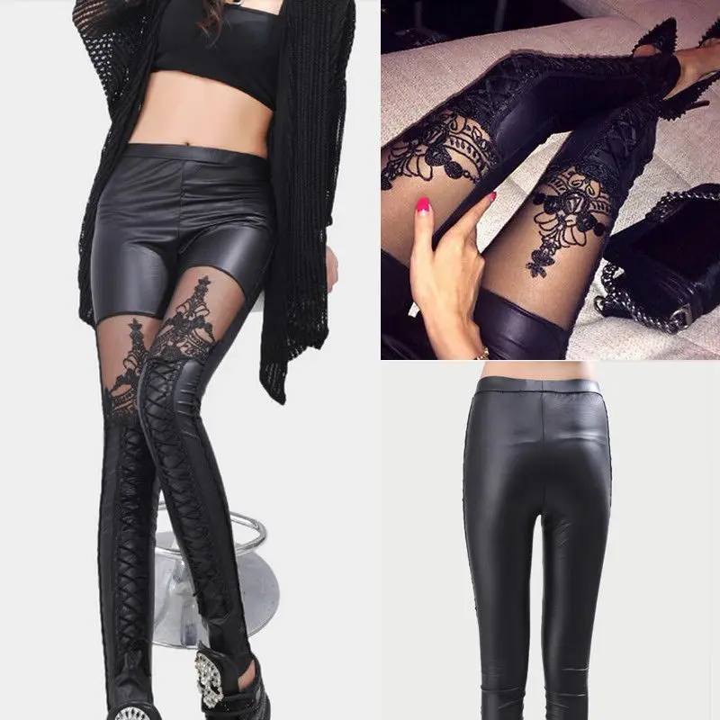 Fashion Sexy Women Faux Leather Gothic Punk Leggings Pants Lace Skinny