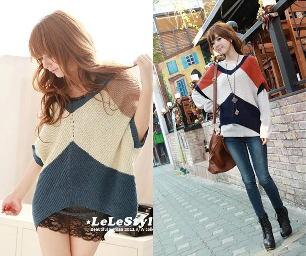 Korean fashion V bat sleeve stripe sweater wholesale|sweater material ...