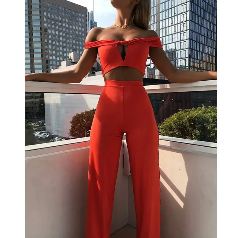 2018 Women Jumpsuit Sexy Off Shoulder Backless Lace Up Crop Top 2