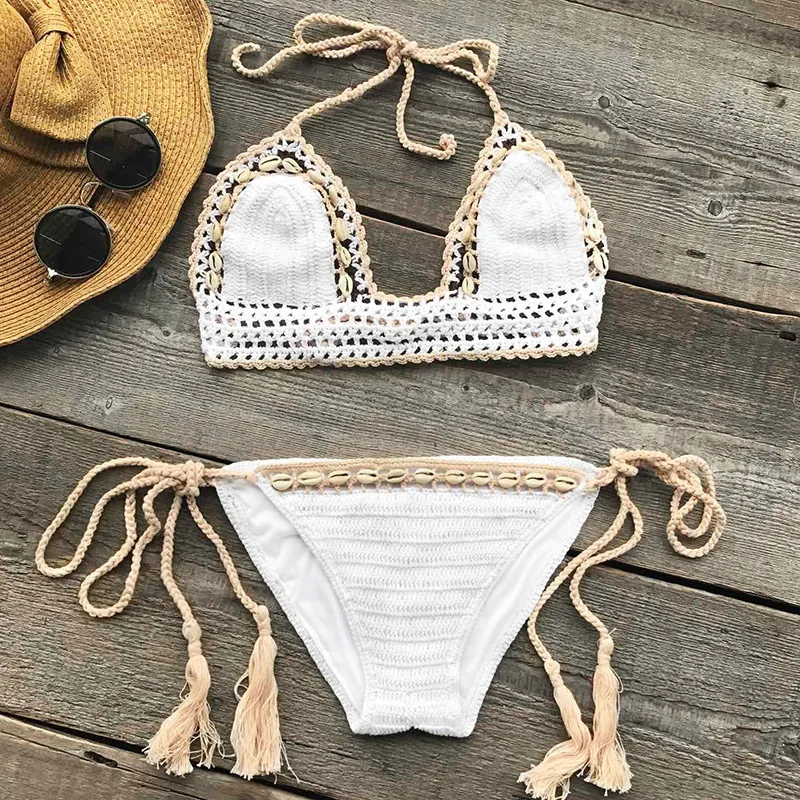 Cupshe Shell Crochet Halter Bikini Set Summer Sexy Swimsuit Ladies