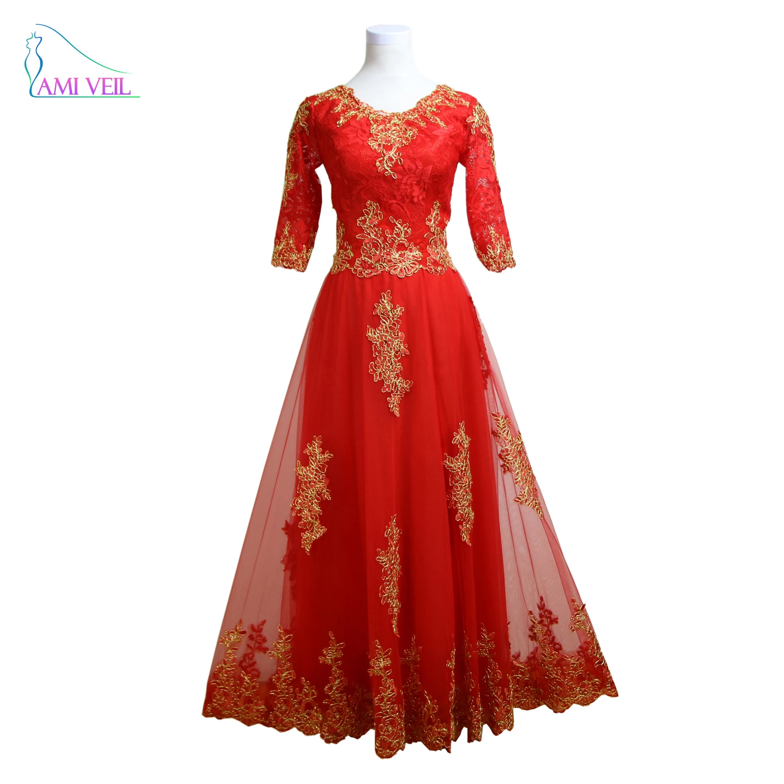 Long Gold Lace Gowns Arabic Women Dress Red Luxurious Evening Dresses ...