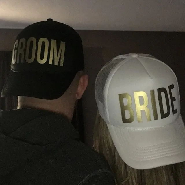 BRIDE GROOM Golden Print Bachelorette Mesh Snapback Hats Women Wedding ...