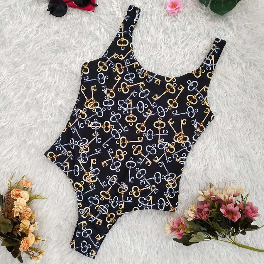 Vintage Key Print One Piece Swimsuit Women Backless Swimwear Women Cut