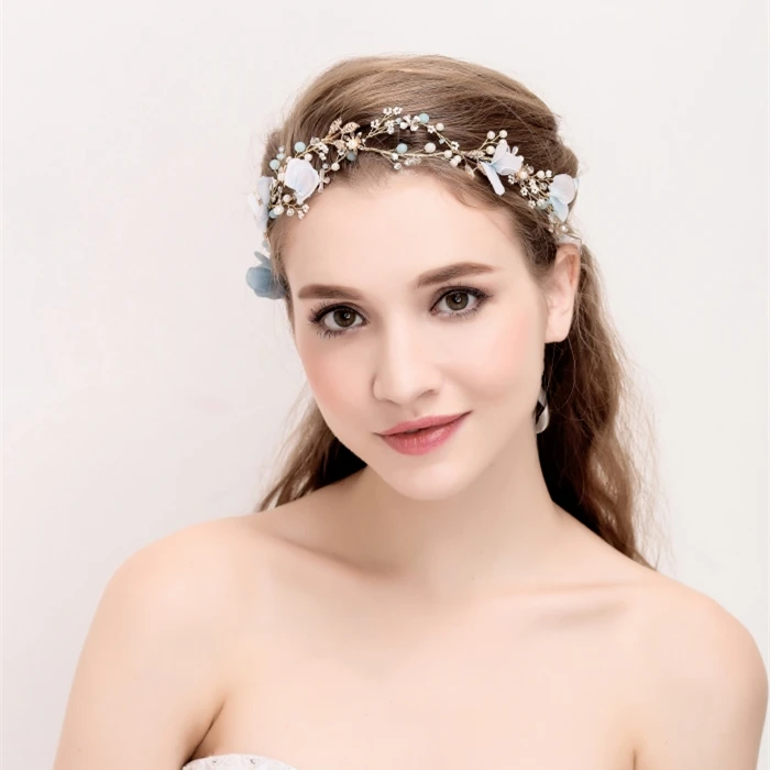 Handmade Blue Flower Pearl Floral Headbands Crystal Flower Headbands