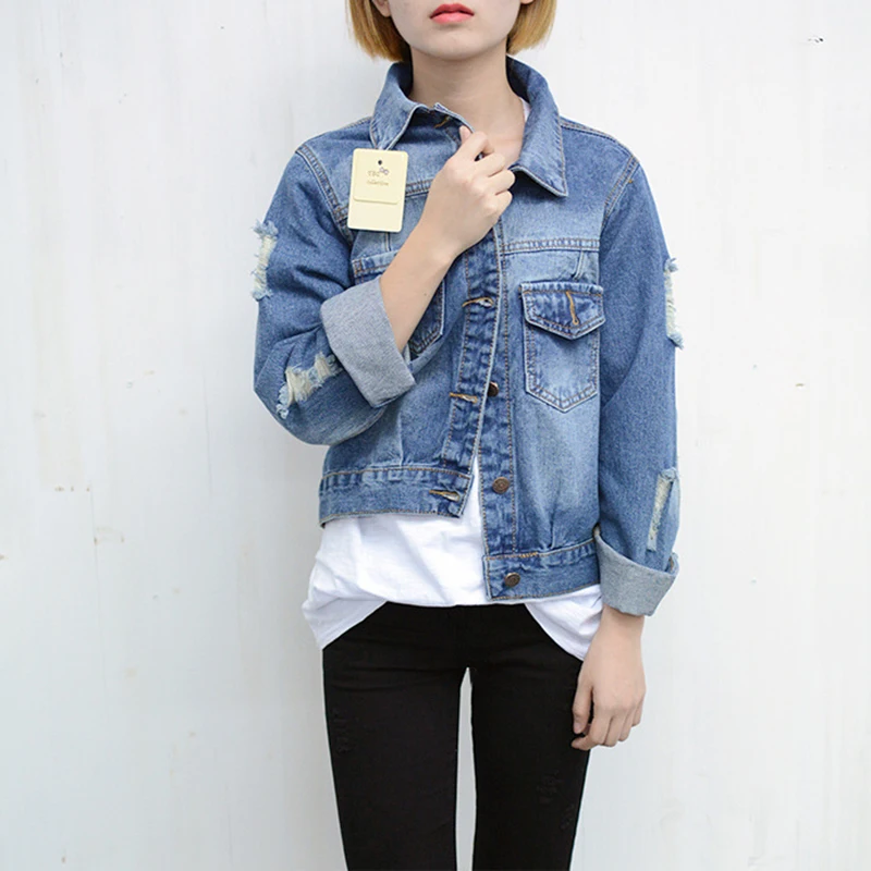 Wholeasle Women New Fashion Retro Full Sleeve Hole Blue Ripped Denim ...