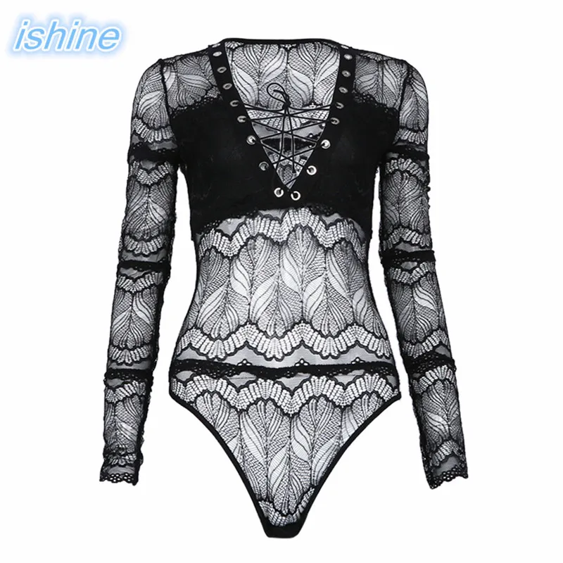 Ishine Black V Neck Long Sleeve Sexy Lace Bodysuit 2018 New Spring