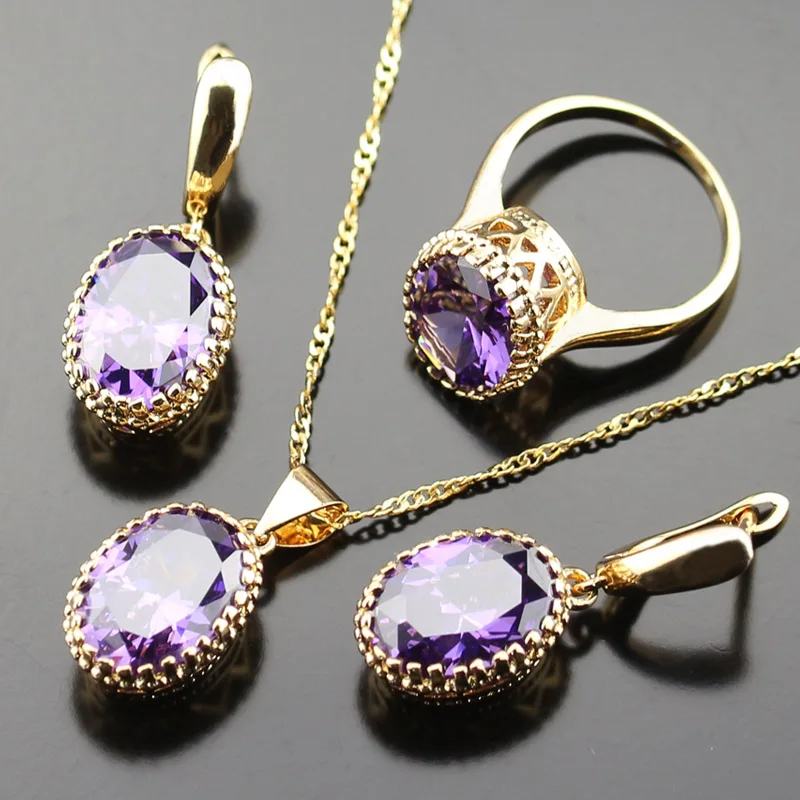Purple Jewelry Sets For Women Gold Color zircon Cystal Necklace ...