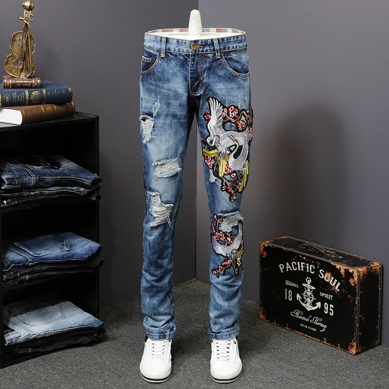 Luxury Embroidery Jeans Men Designer Ripped Hole Jeans Male Slim Fit ...