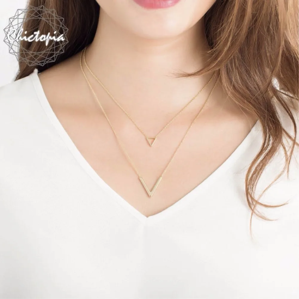 V Forma Carta Triângulo Pedra Dupla Camada Pingente Geométrica Colares ...