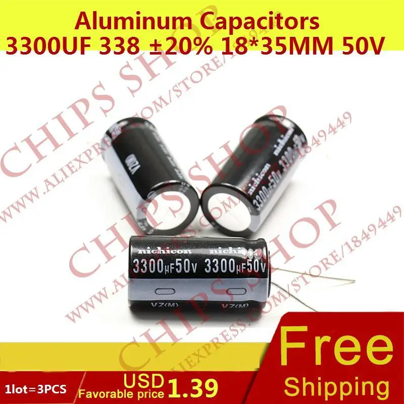 1LOT=3PCS Aluminum Capacitors 3300uF 338 20% 18*35mm 50V 3300000nF ...