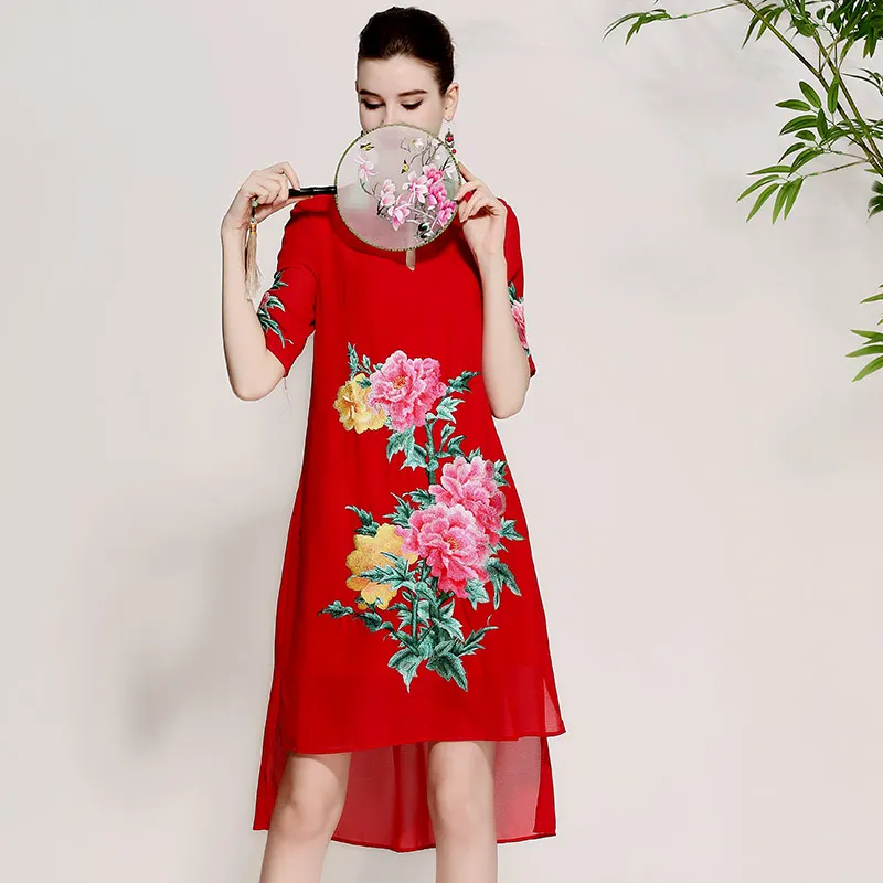 High end summer women Chinese style plus size floral dress embroidery ...