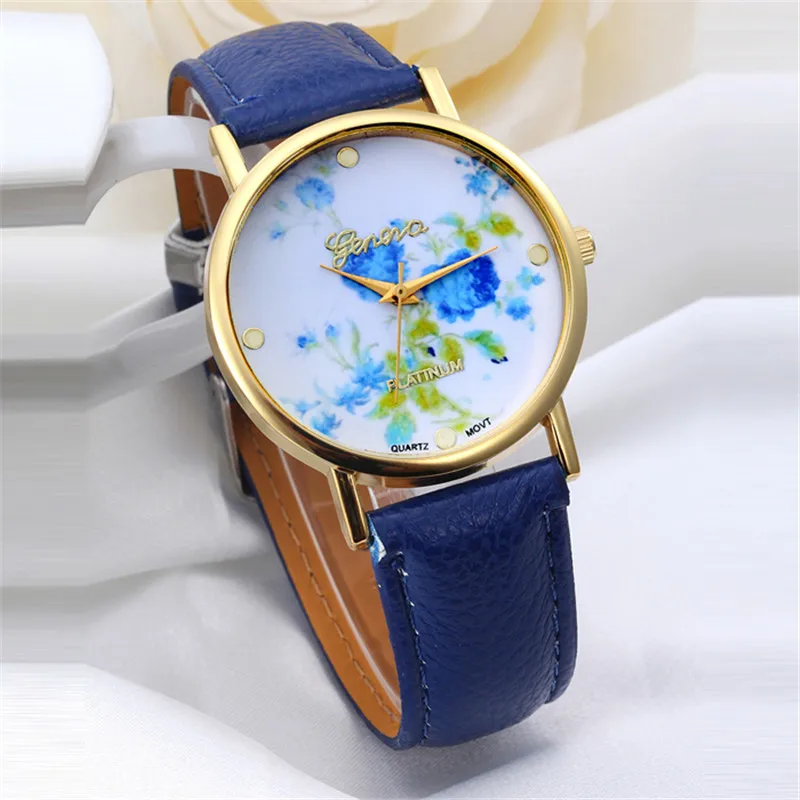 Stylish wrist watch women Lady Fashion Blue Rose Dial Leather Band ...