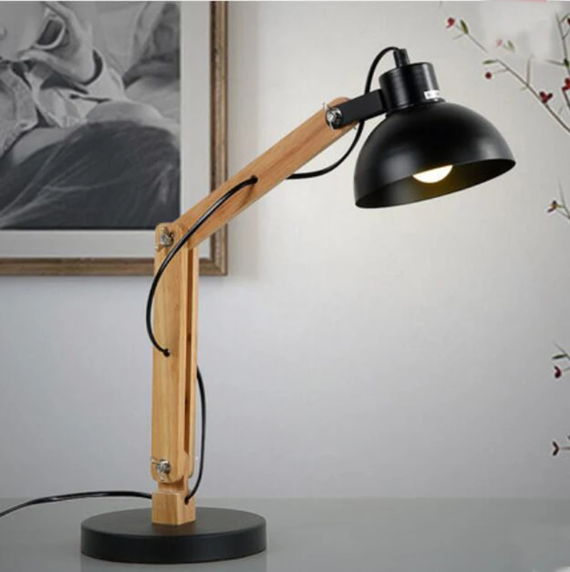 Free Shipping Vintage Loft Wooden stem iron Shade Night Table Lamp ...