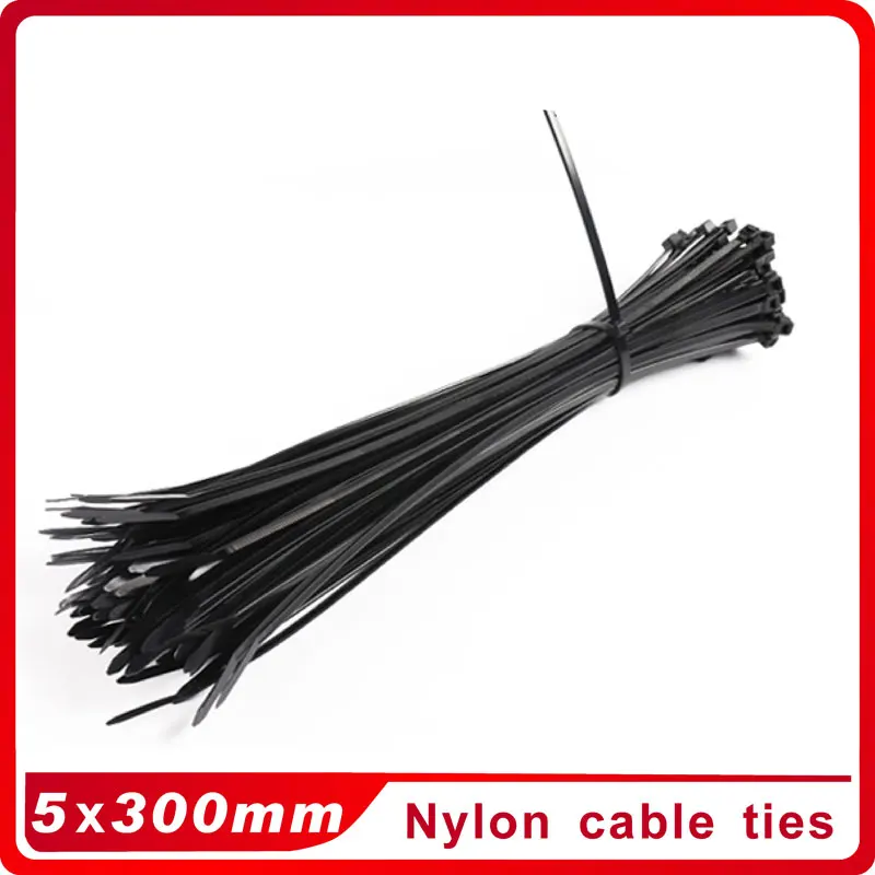 250 piezas 5x300mm Cable negro Zip lazos autobloqueo Nylon Cable Tie ...