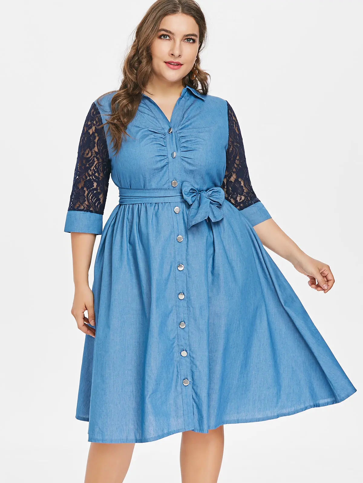 Wipalo Plus Size Lace Sleeve Belted Button Up Denim Dress Women Dresses