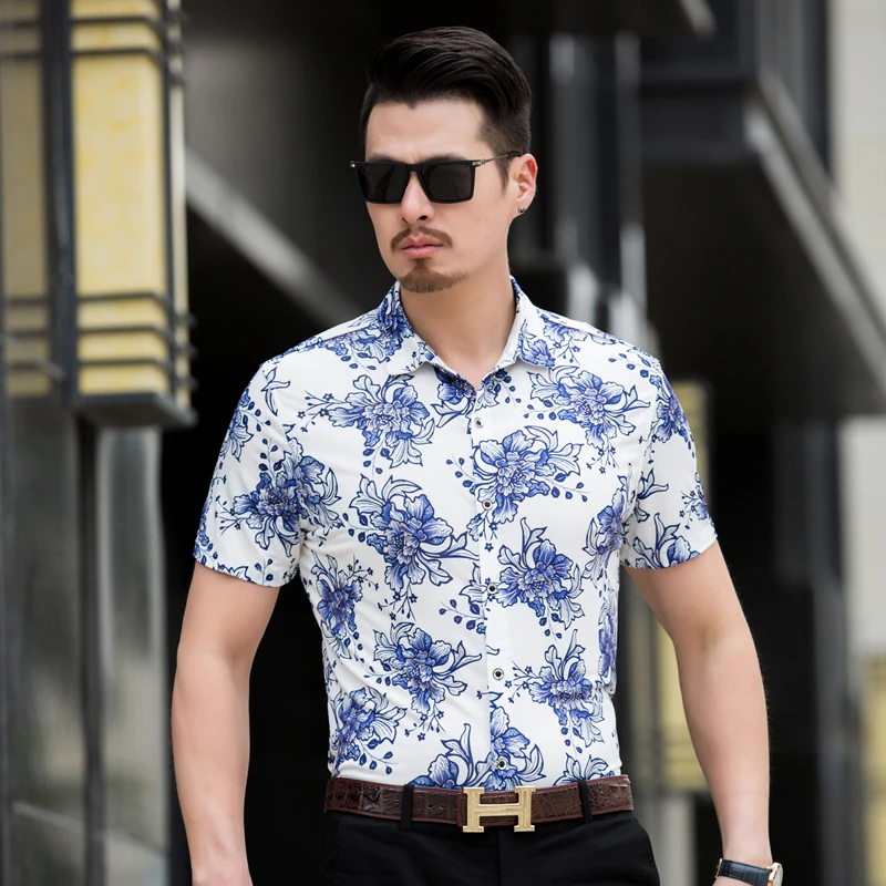 MIXCUBIC 2018 new summer cool blue Floral printed shirts men casual ...