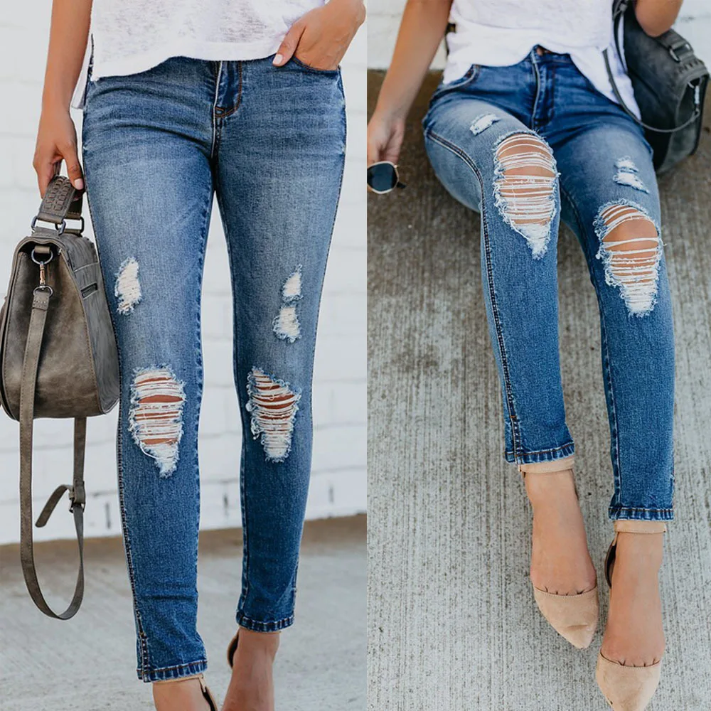 Women Jeans Split Fashion Destroyed Ripped Distressed Slim Casual Jeans ...