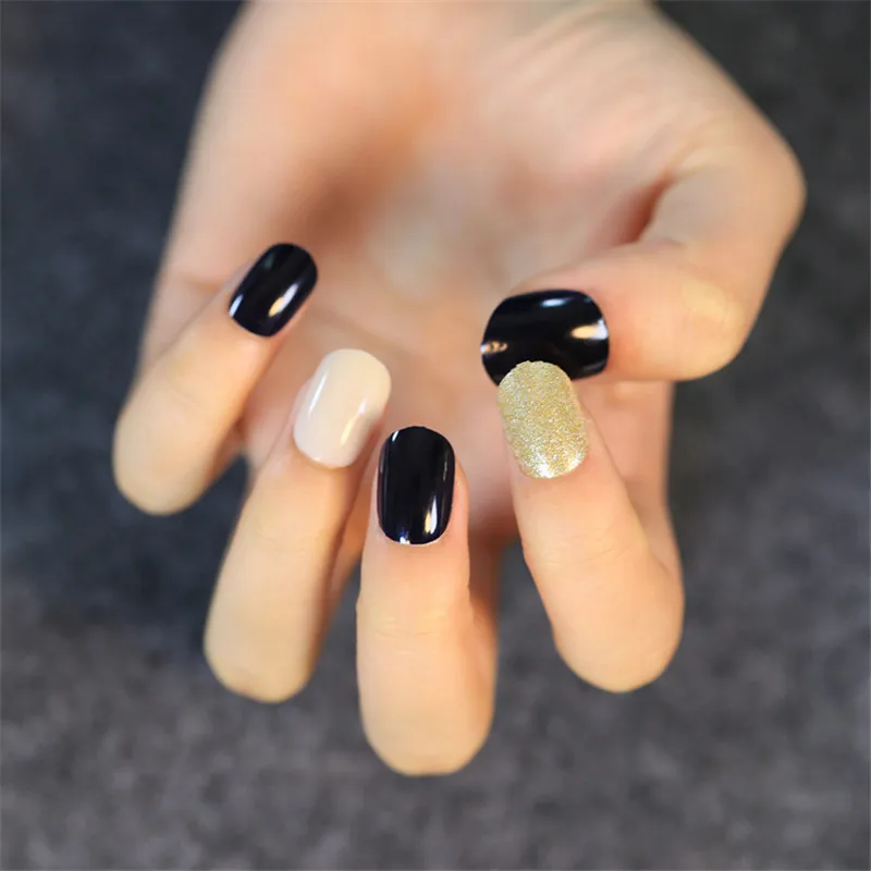 2017 Hot Mix False Nails Cool Golden Style 24pcs Oval Short Fake Nails ...