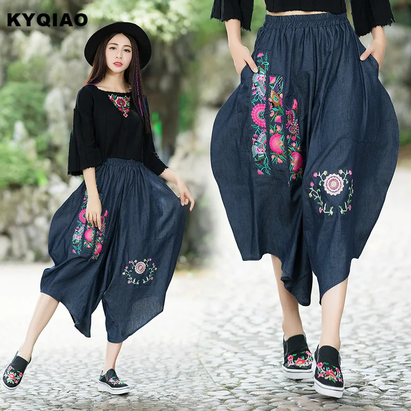 KYQIAO Bohemian ethnic denim pant 2019 women autumn Mexico style hippie ...