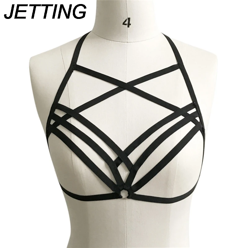 Jetting Harness Strappy Halter Cupless Bra Sexy Goth Women Hollow Out Elastic Bandage Cage Bra