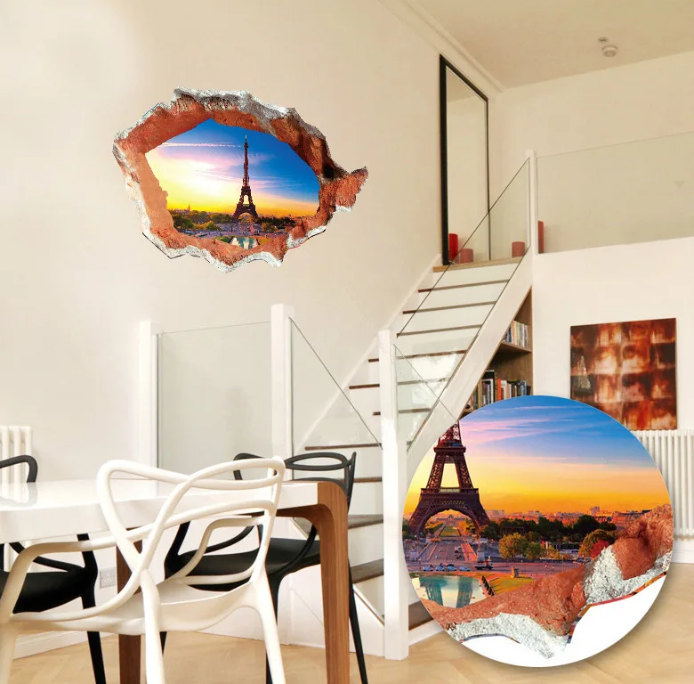 Eiffel Tower Landscape hole in wall stickers removable wall paper|wall ...