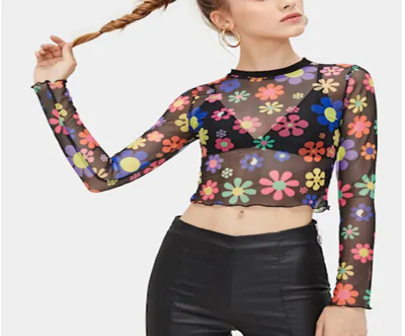 2019 arrival Women T Shirts Transparent See through Floral Tees Sheer ...