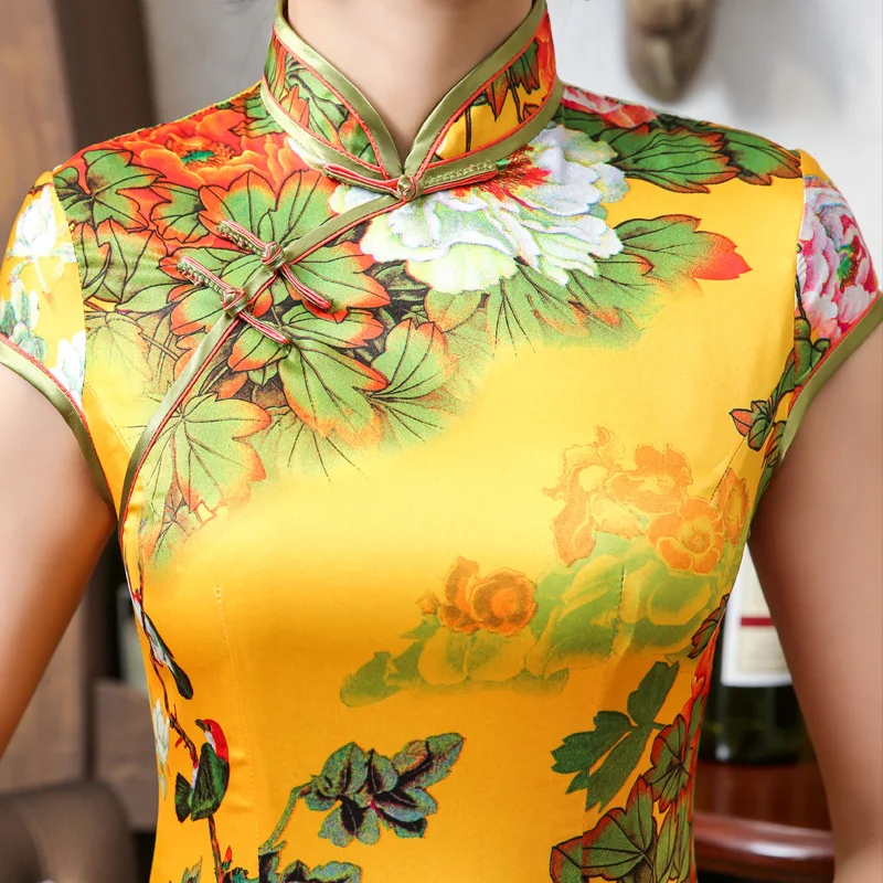 New High Fashion Yellow Mandarin Collar Satin Cheongsam Chinese Vintage ...