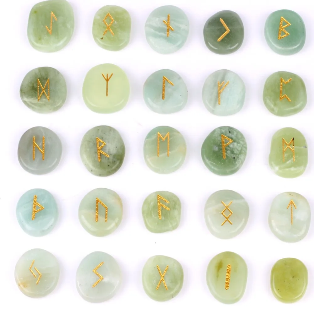 Natural Green Jade Engraved Chakra Rune Stones Set Crystal Gemstones ...