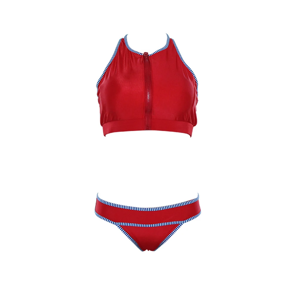 Vintage High Neck Zipper Bikini Set Front Bathing Suits Low Waist Swimsuit Red Blue Sexy Bikini