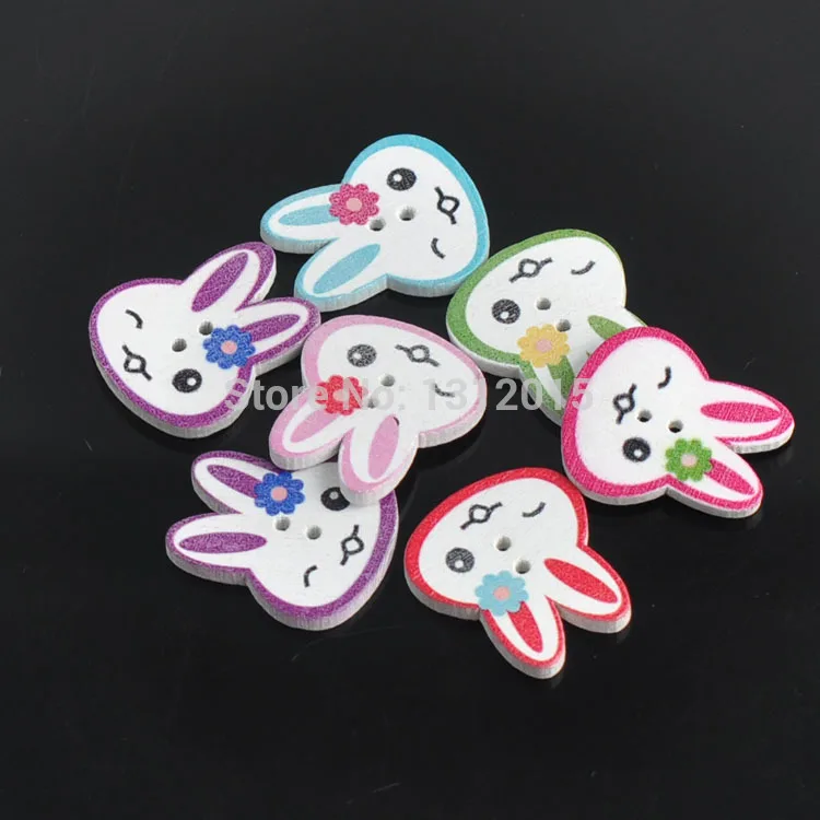 100pcs 13x16mm 2 Holes Cartoon Rabbit Mixed Natural Wooden Buttons For ...