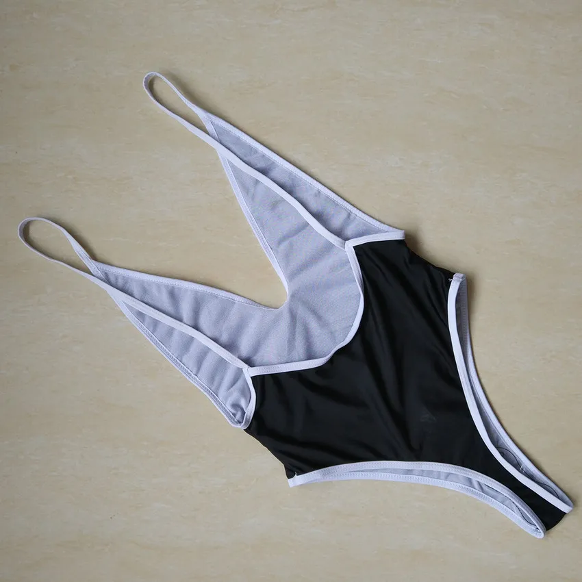 Black White One Piece Swimsuit Thong Swimwear 2017 High Cut Swimming ...