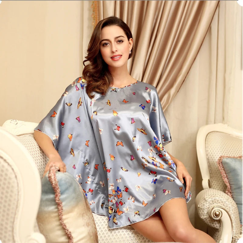 New-Satin-Silk-Nightgwon-Plus-Size-Women-Sexy-Nightgown-Butterfly-Print ...