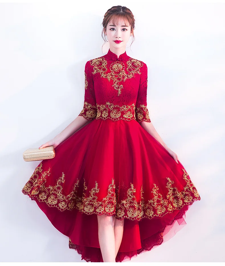 Red Cheongsam Dress Sexy Lace Wedding Qipao Women Traditional Chinese ...