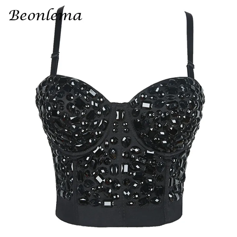 Beonlema Black Silver Corset Top Steampunk Rhinestone Bustiers Sexy