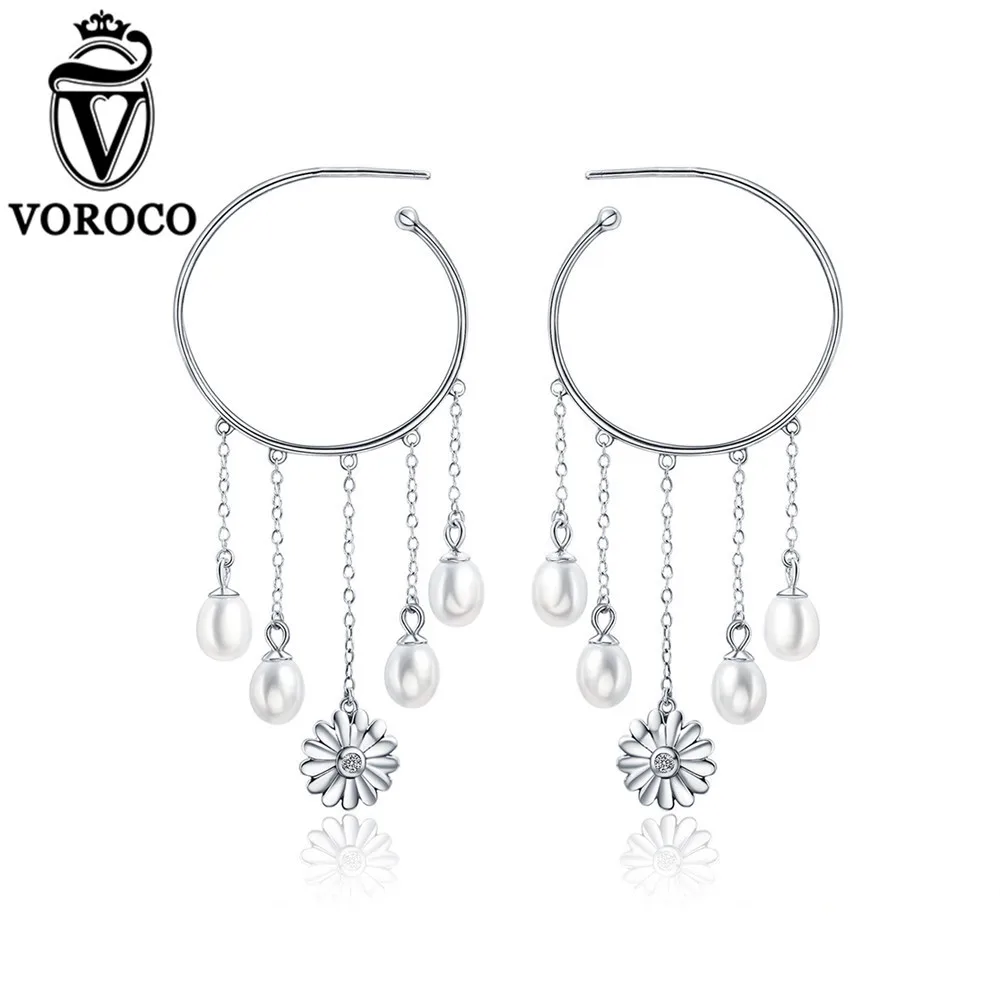 VOROCO 100% 925 Sterling Silver Chic Round Tassels Oval White ...