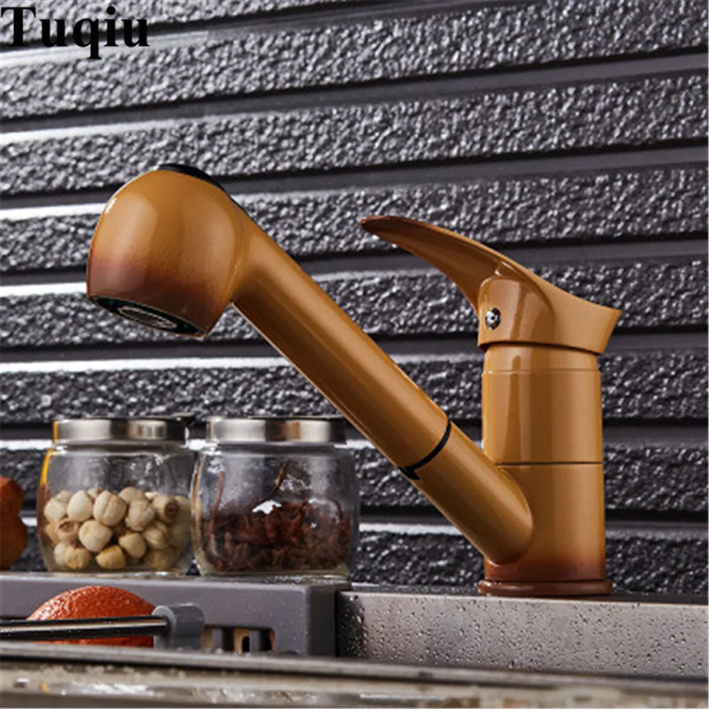 orange painted Pull Out Kitchen Faucet Brass Faucets for Kitchen Sink ...