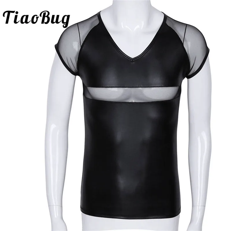 Tiaobug Black Mens Summer Fashion Soft Faux Leather Short Sleeve V Neck