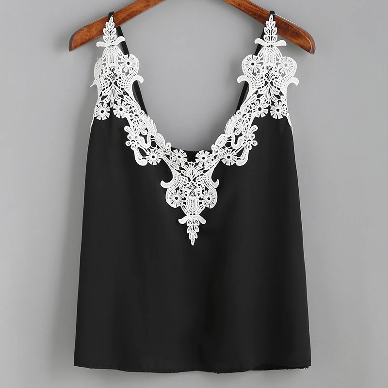 Women Lace Vest Top Sleeveless Deep V Neck Patchwork Lace Casual Tees