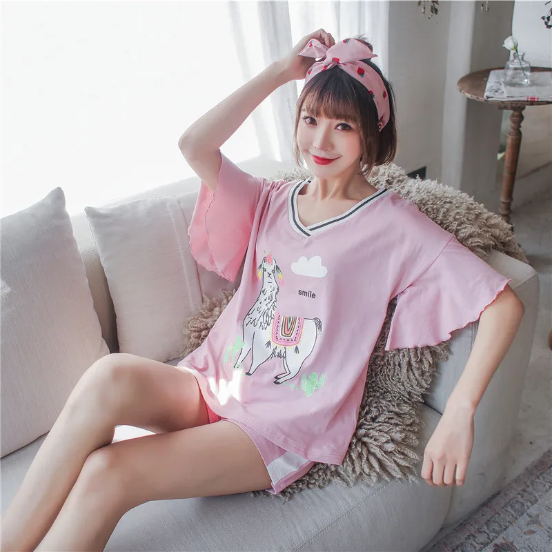 Summer 2019 Cute Print Sheep V Neck Homewear Pajamas Girls Pajama Set ...