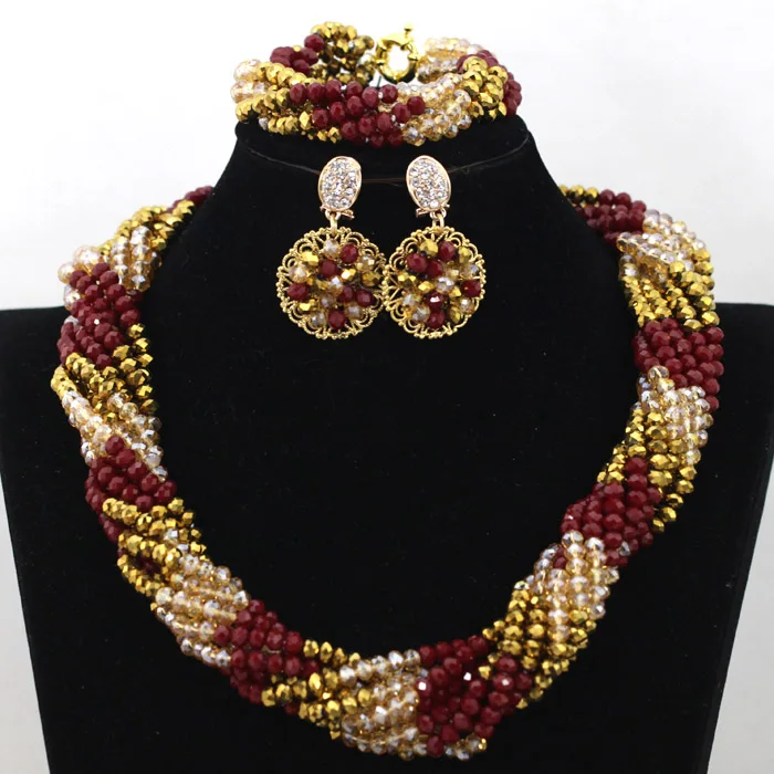 Wholesale Wine Red Dubai Costume Jewelry Set Gold Twisted Crystal Beads ...