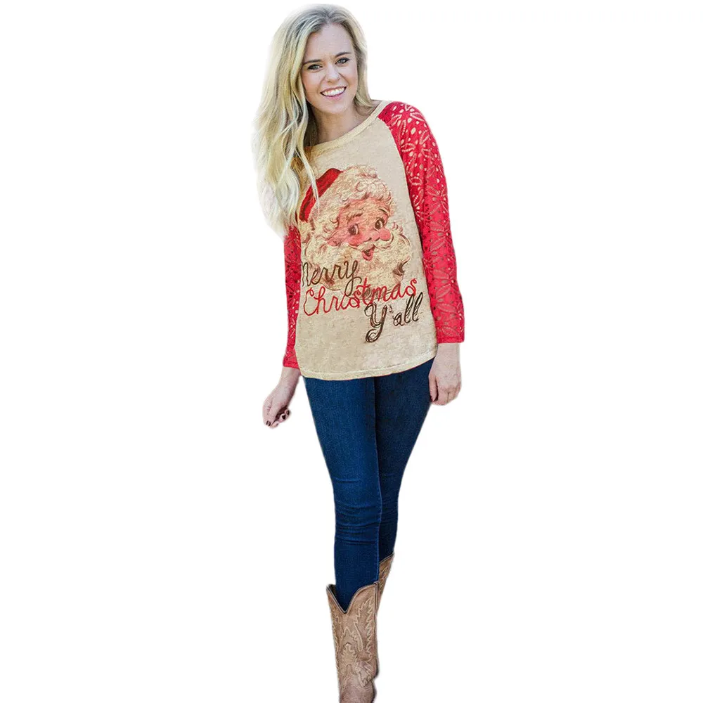 Feitong Long Sleeve T Shirt Women Cotton Plus Size Merry Christmas