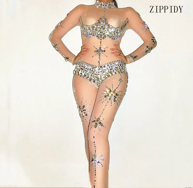 Sexy Glisten Big Crystals Jumpsuit Costume Bling Perspective Outfit